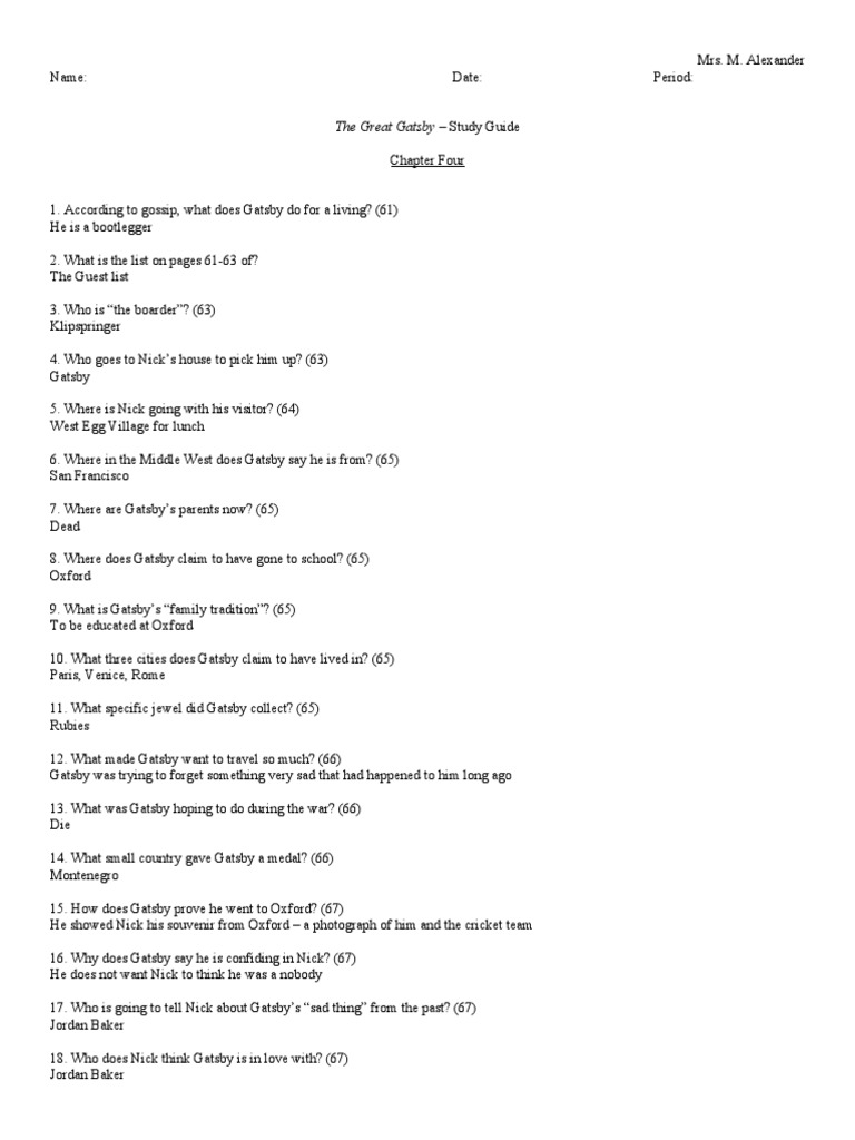 Gatsby Study Guide Chapter Four | PDF | The Great Gatsby | Wedding