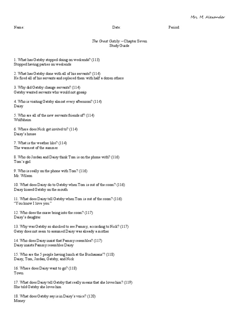 Chapter 7 Study Guide: The Great Gatsby | PDF | The Great Gatsby