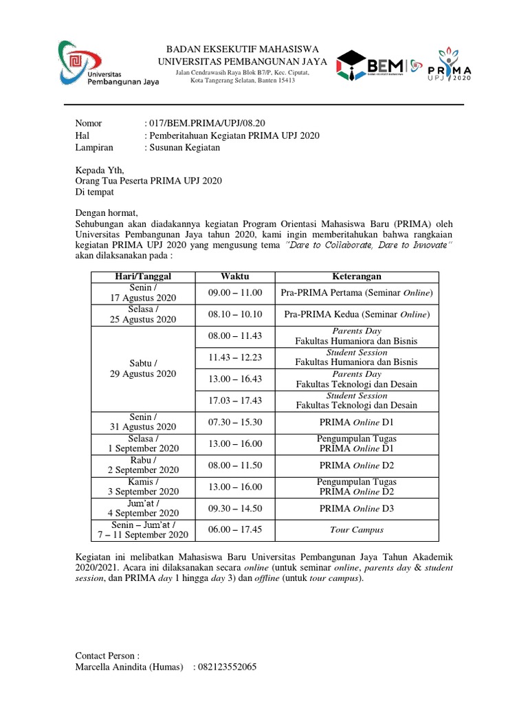 2706 - 017 BEM - PRIMA UPJ 08.20 Ortu Peserta | PDF