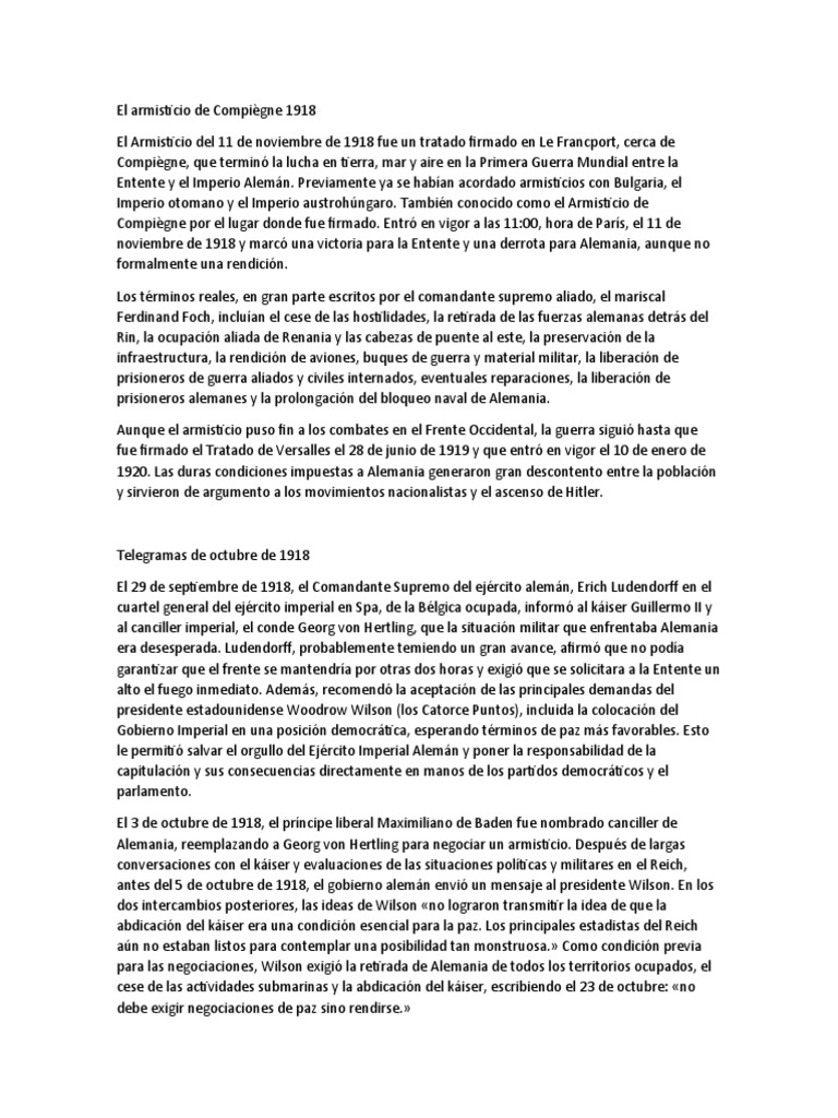El Armisticio de Compiègne 1918, Fin de La Guerra | PDF | Guerra | Conflictos globales