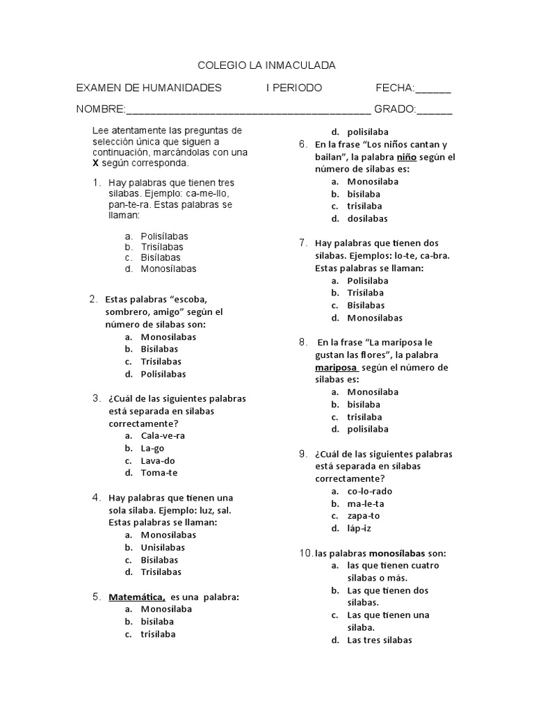 Evaluacion de La Silaba I | PDF