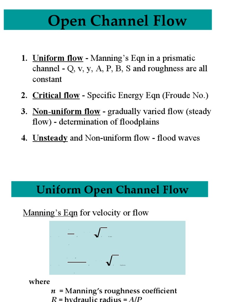 Open Channel Flow: 1. Uniform Flow - Manning's Eqn in A Prismatic | PDF ...