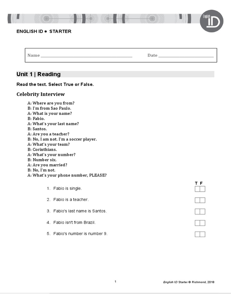 Eng Id Starter Unit 1 Students | PDF | English Language | Question