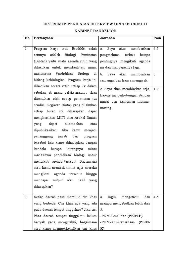 Instrumen Penilaian Interview Ordo Biodiklit | PDF