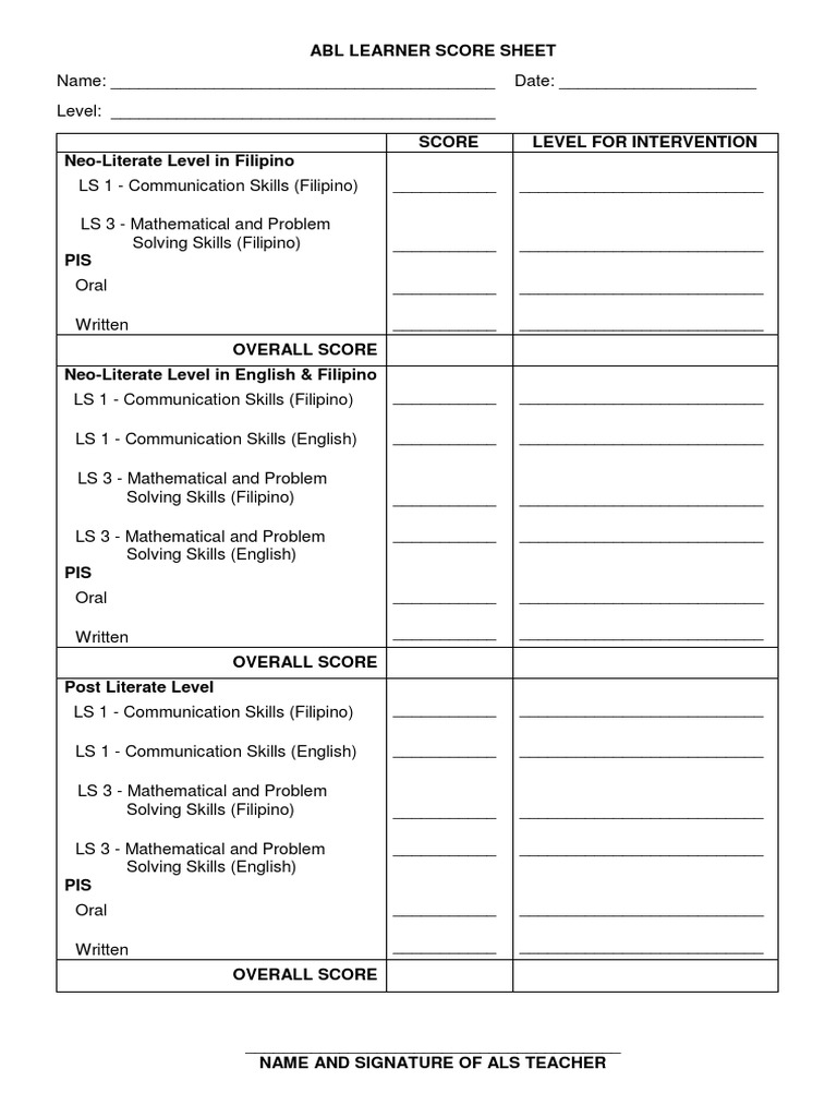 ABL Learner Score Sheet | PDF