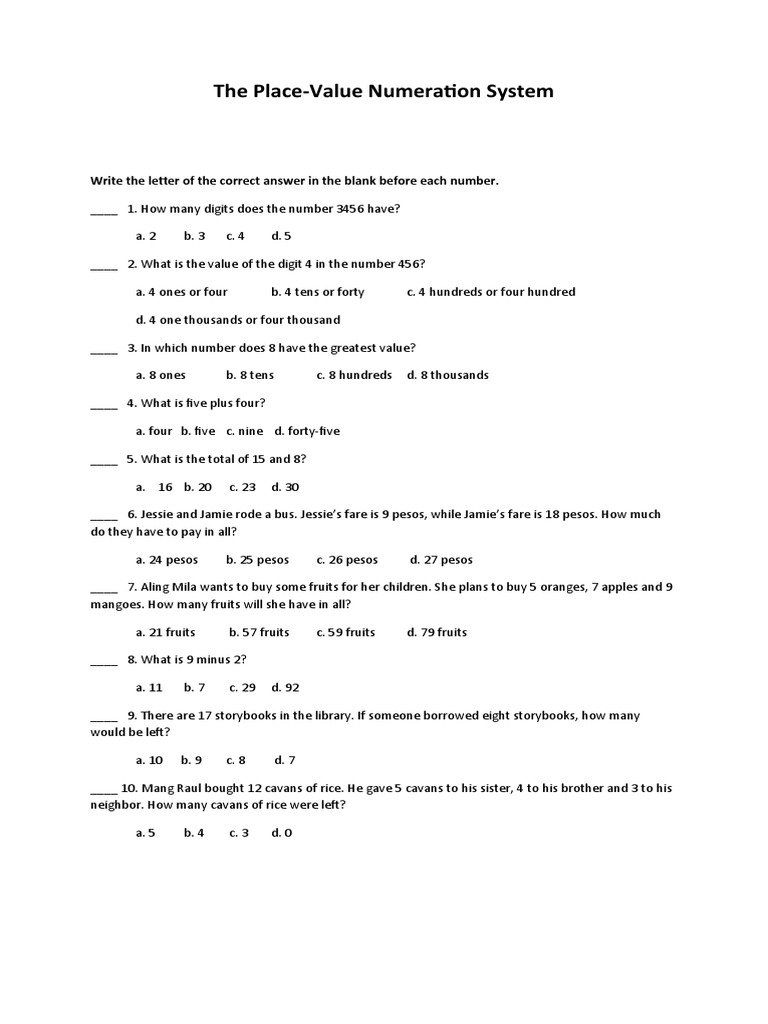 The Place-Value Numeration System: Write The Letter of The Correct ...