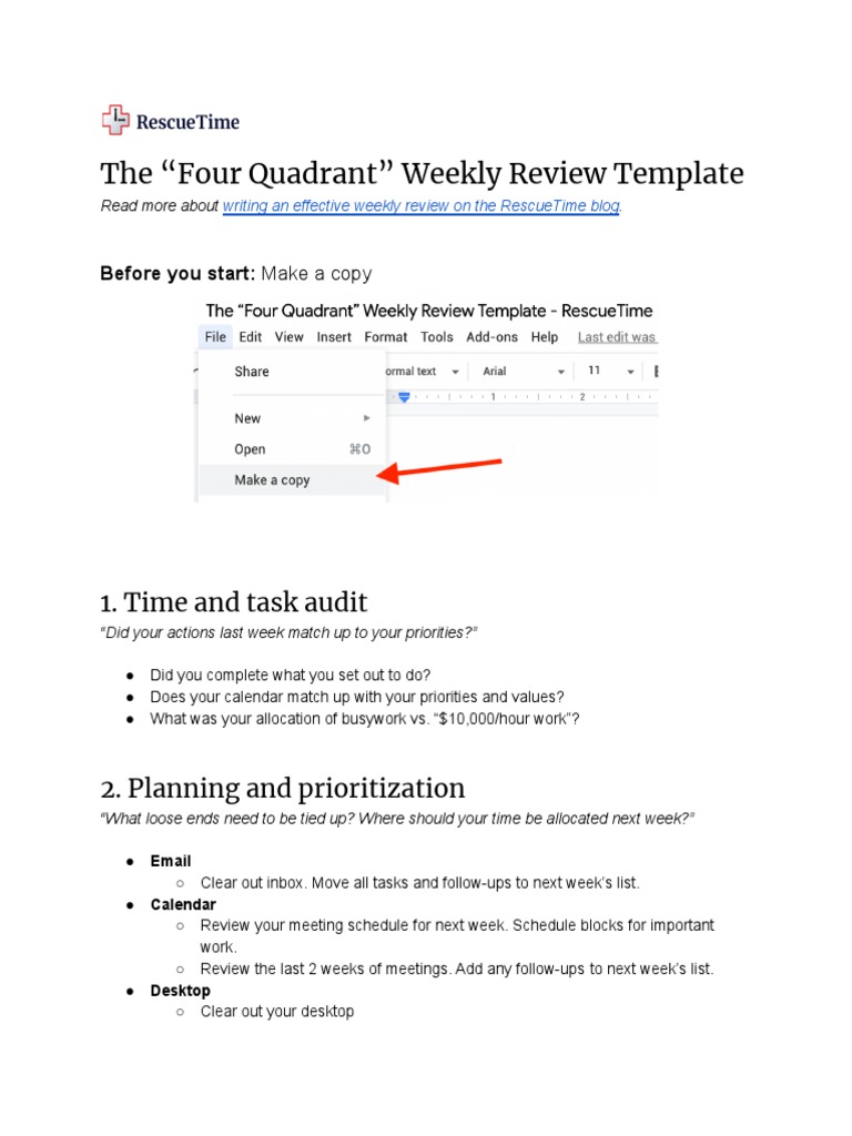 The "Four Quadrant" Weekly Review Template - RescueTime | PDF