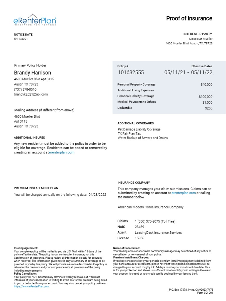 Mosaic Proof of Renters Insurance | PDF | Home Insurance | Insurance
