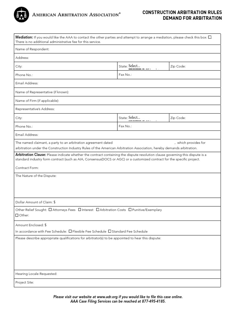 Construction Arbitration Rules Demand For Arbitration: AAA Case Filing ...