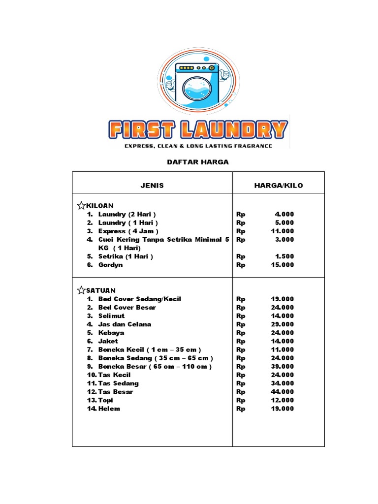 Daftar Harga First Laundry | PDF