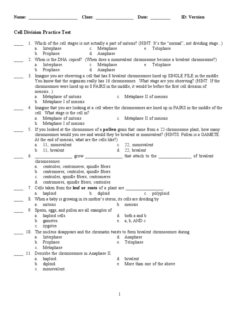 Cell Division Practice Test 15 | PDF | Meiosis | Mitosis