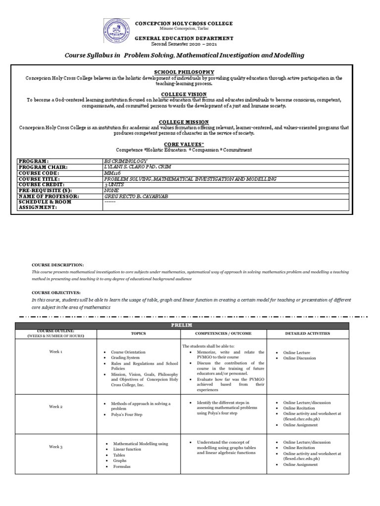 Modeling Mathematical Concepts A Course Syllabus On Problem Solving Investigation And