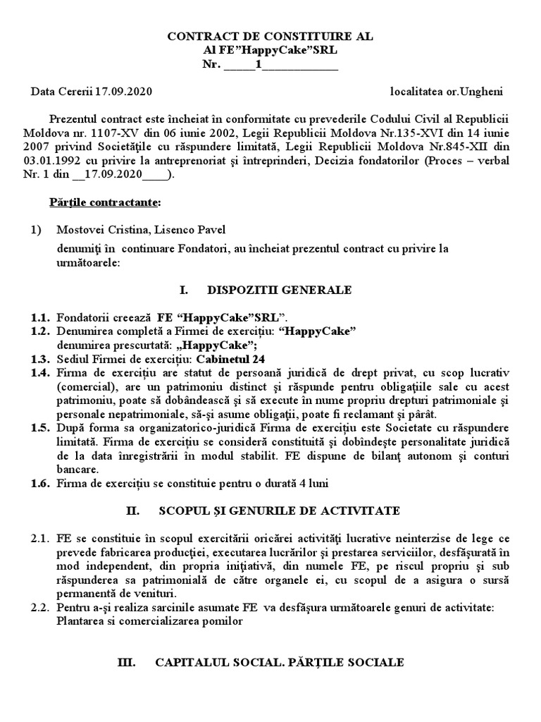Contract de Constituire Al SRL | PDF