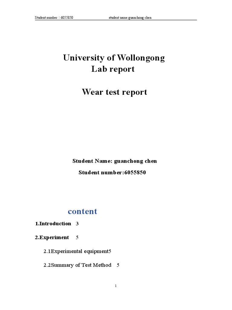 University of Wollongong Lab Report Wear Test Report: Content | PDF ...