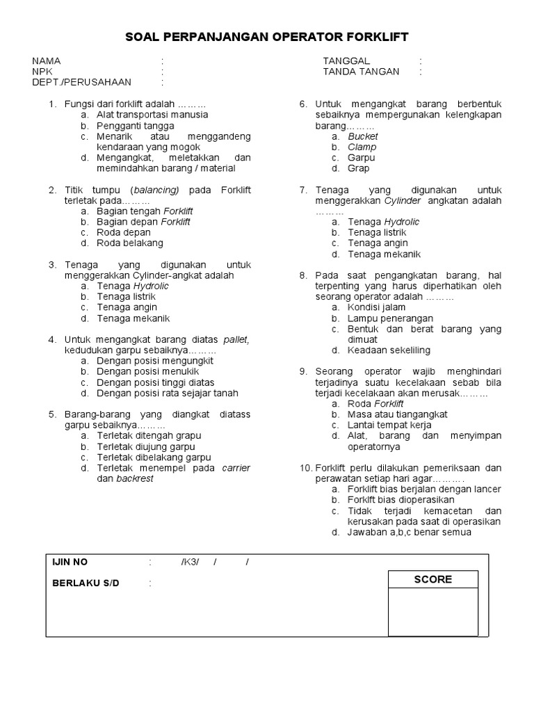 Soal Perpanjangan Operator Forklift | PDF