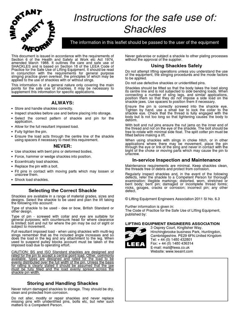 Instructions For The Safe Use Of: Shackles | PDF | Rope | Screw