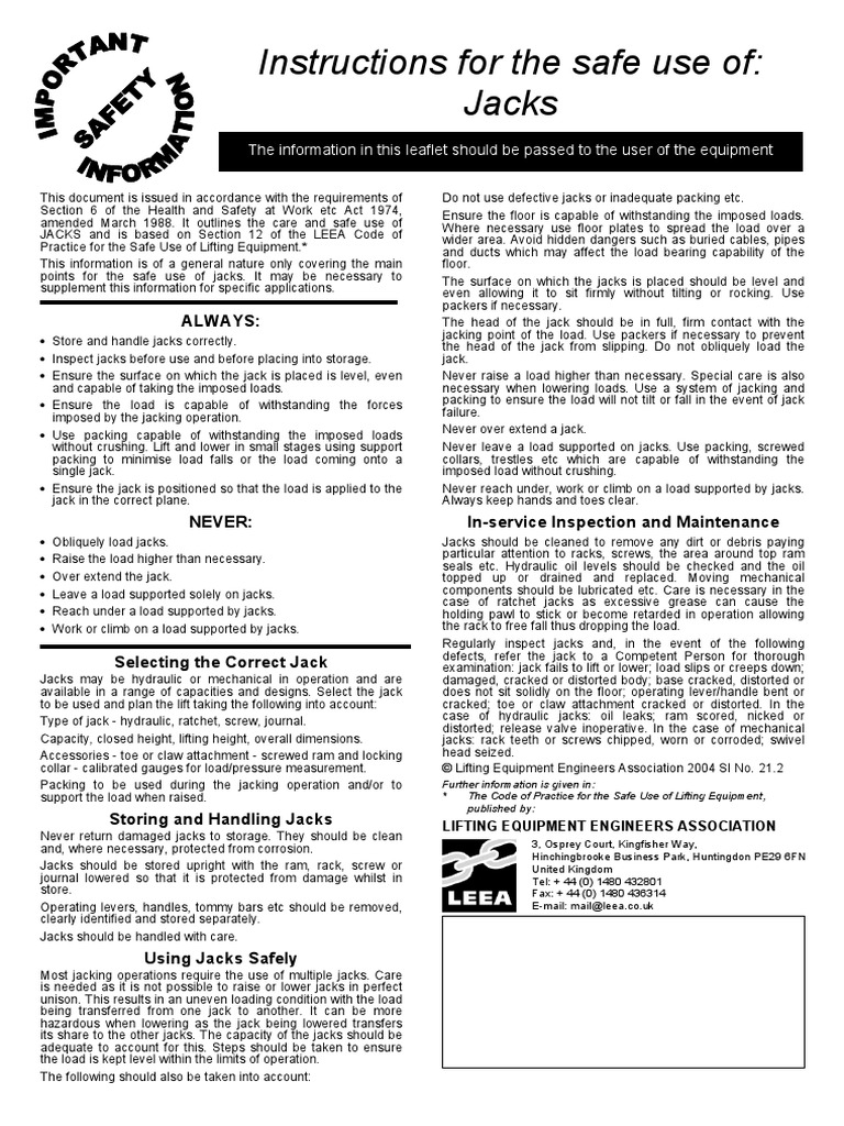 Instructions For The Safe Use Of: Jacks: Always | PDF | Mechanical ...