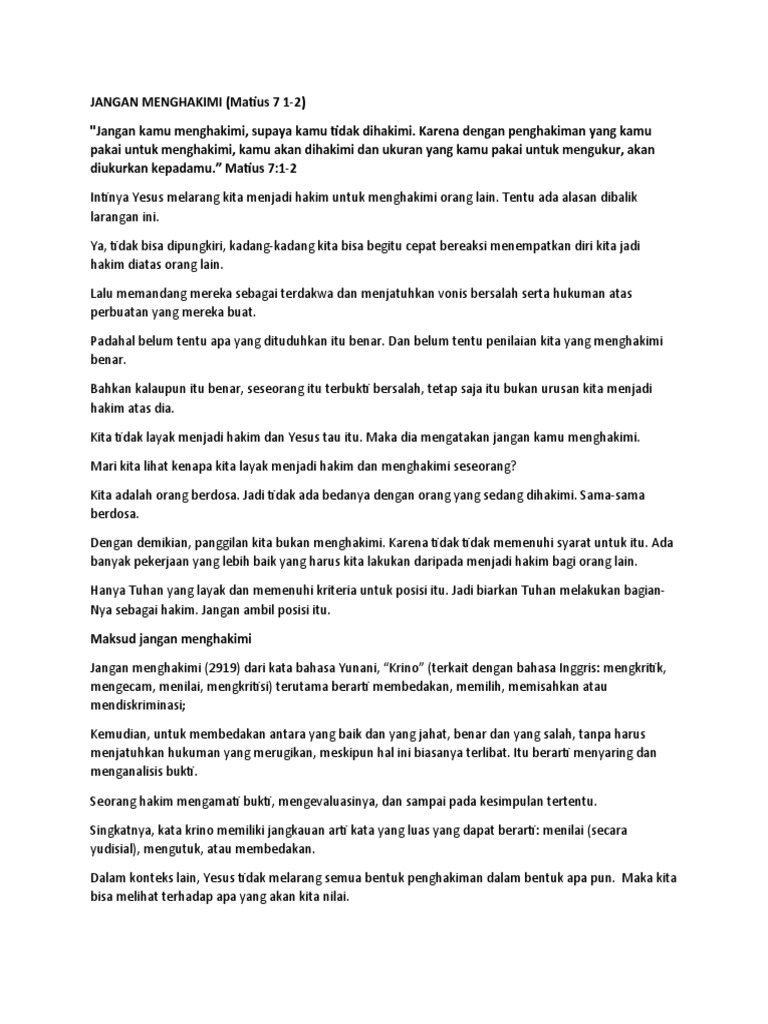 Jangan Menghakimi Matius 7:1-2 | PDF