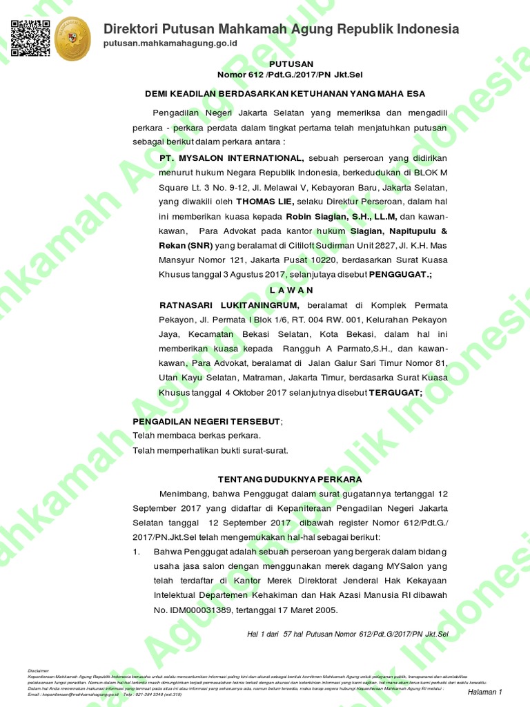 Putusan 612 PDT.G 2017 PN JKT - Sel 20210329 | PDF