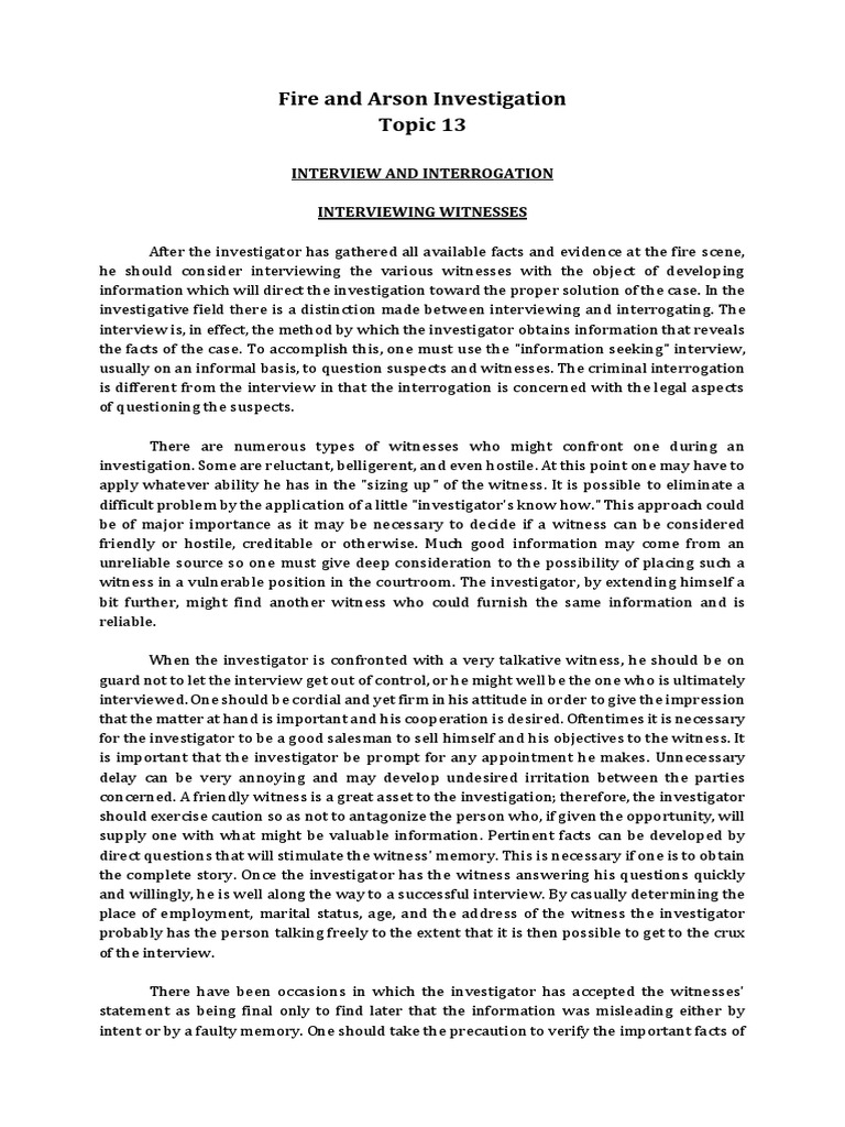 Fire and Arson Investigation Topic 13: Interview and Interrogation ...