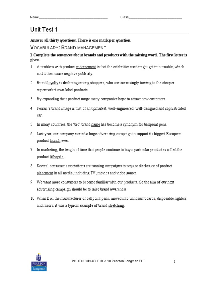 Unit Test 1: Answer All Thirty Questions. There Is One Mark Per ...