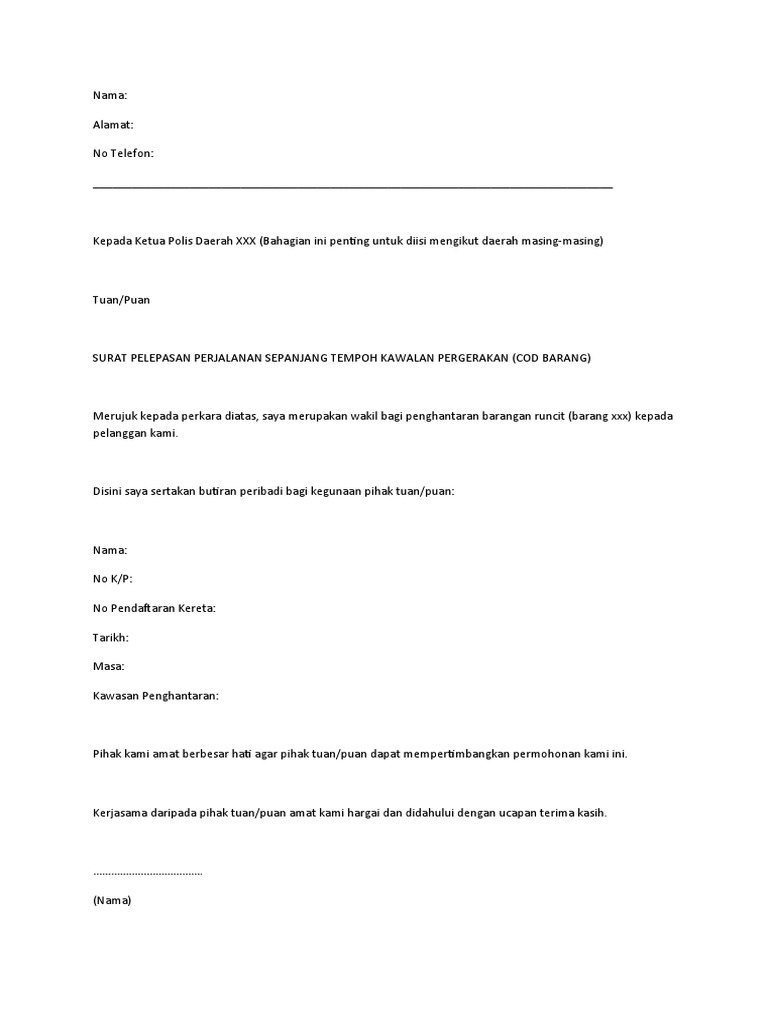 Contoh Surat Format Surat Kebenaran Menghantar Barang COD Untuk Peniaga ...