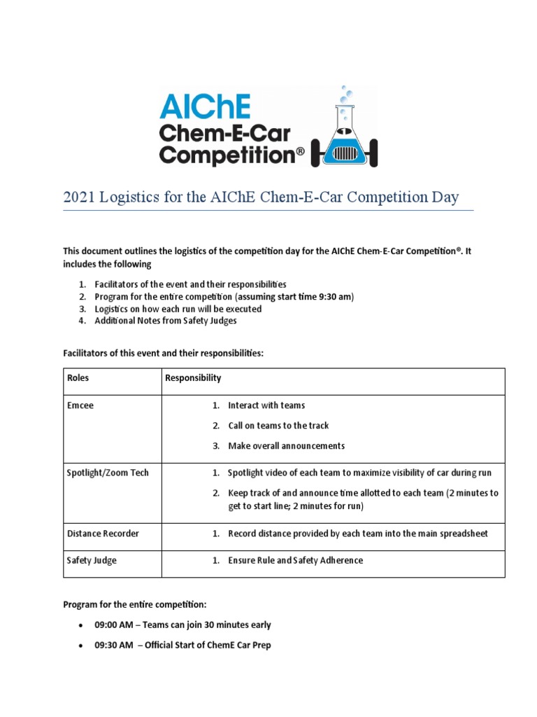 Logistics For The Aiche Chem-E-Car Competition Day | PDF | Business