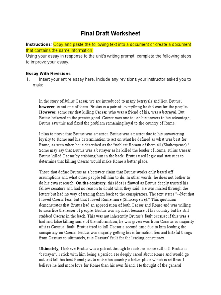 Final Draft Worksheet | PDF | Julius Caesar