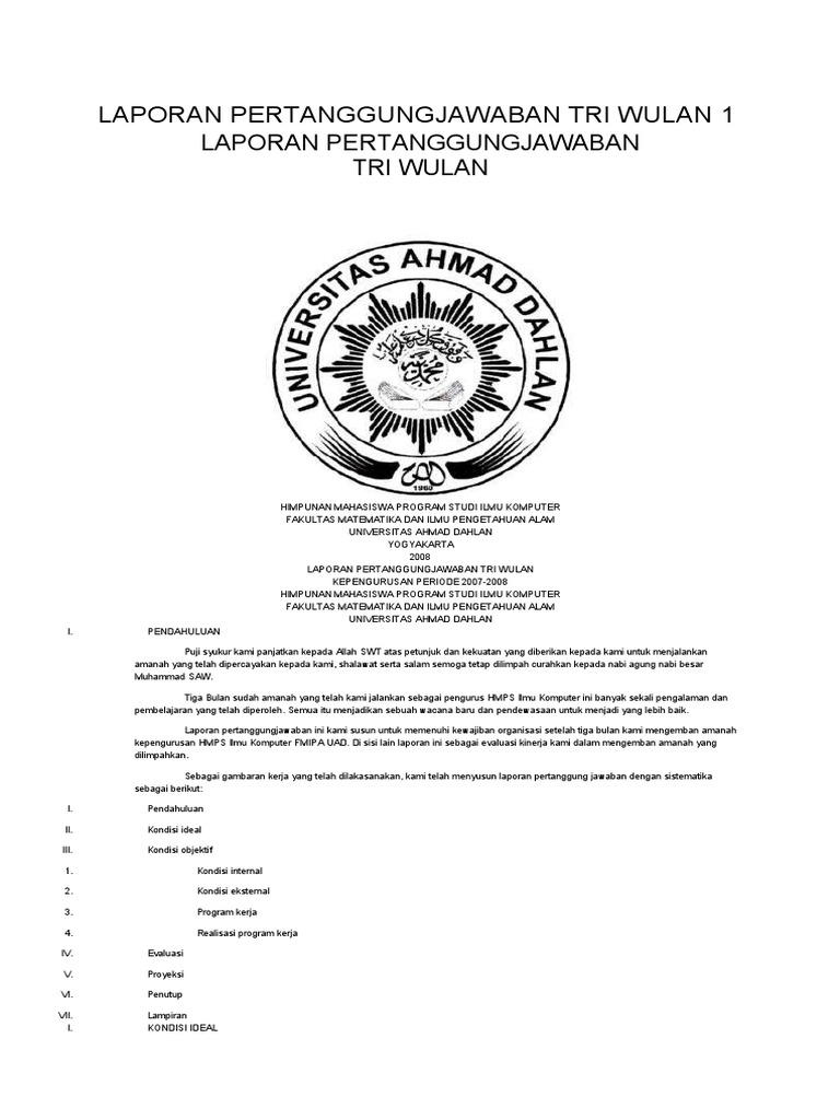 Contoh LAPORAN PERTANGGUNGJAWABAN TRI WULAN Asrama Mahasiswa | PDF