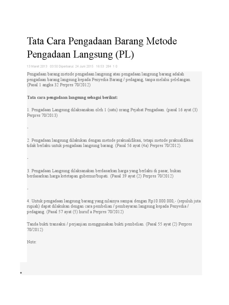 Tata Cara Pengadaan Barang Metode Pengadaan Langsung | PDF