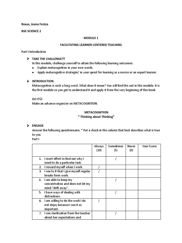 MODULE 1-Facilitating Learner-Centered Teaching | PDF | Metacognition | Reading Comprehension