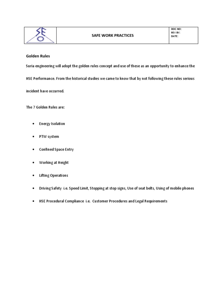 Safe Work Practices: Doc No: Rev By: Date | PDF