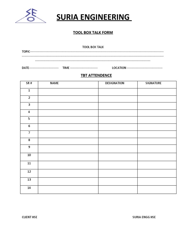 Suria Engineering: Tool Box Talk Form | PDF