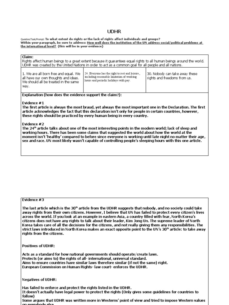UDHR Assignment Graphic Organizer Day 2 | PDF | Rights | Argument