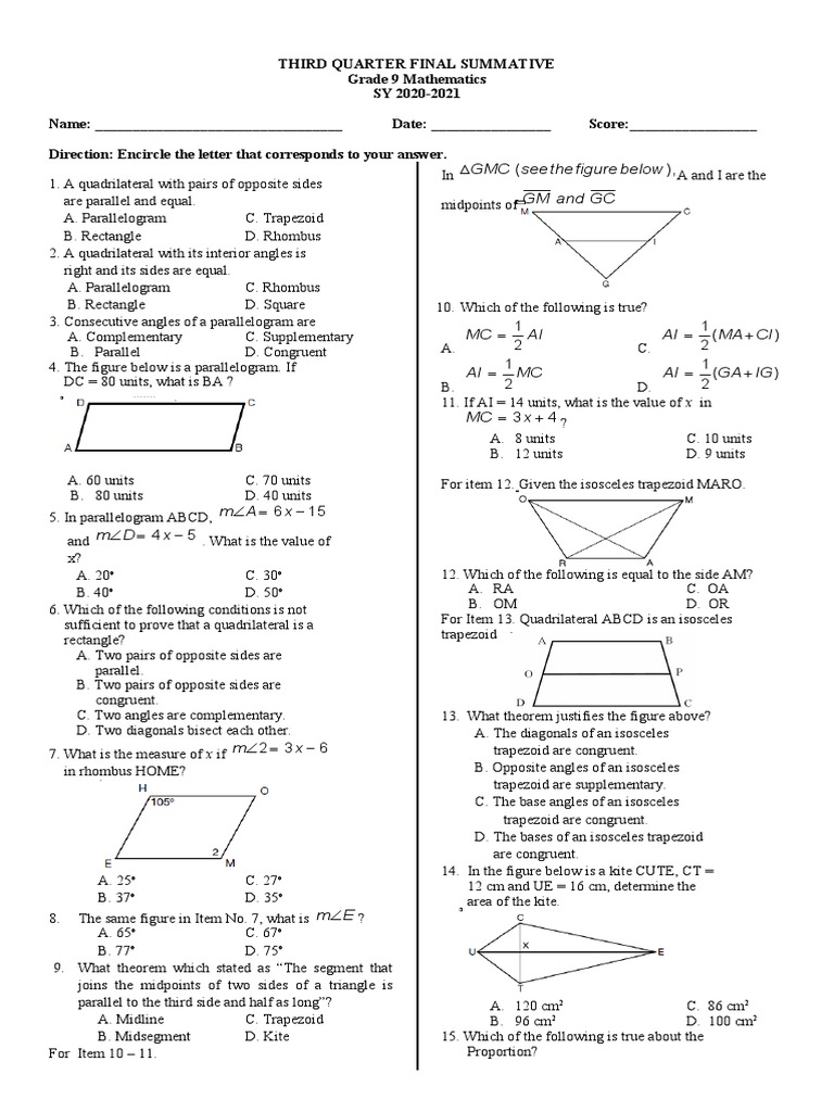 Third Quarter Final Summative | PDF | Triangle | Rectangle
