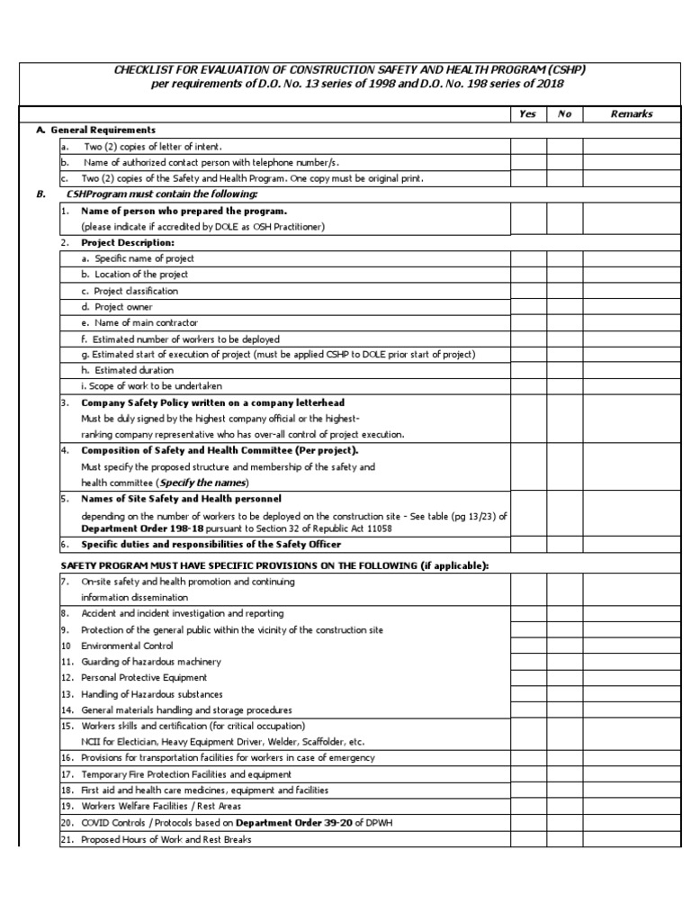 CSHP Checklist 2021 | PDF | Heavy Equipment | Occupational Safety And ...