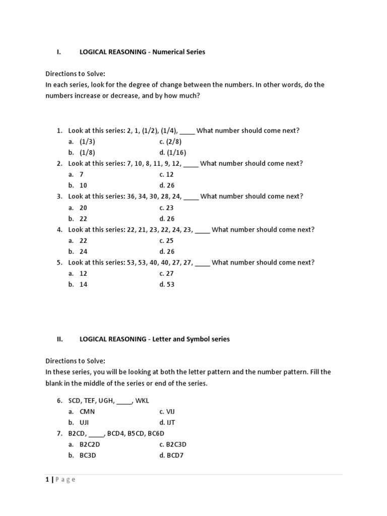 I. LOGICAL REASONING - Numerical Series | PDF