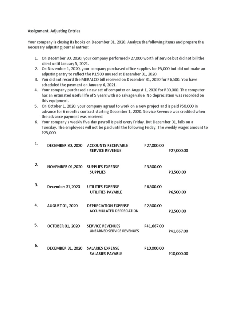 Assignment. Adjusting Entries: Accumulated Depreciation | PDF