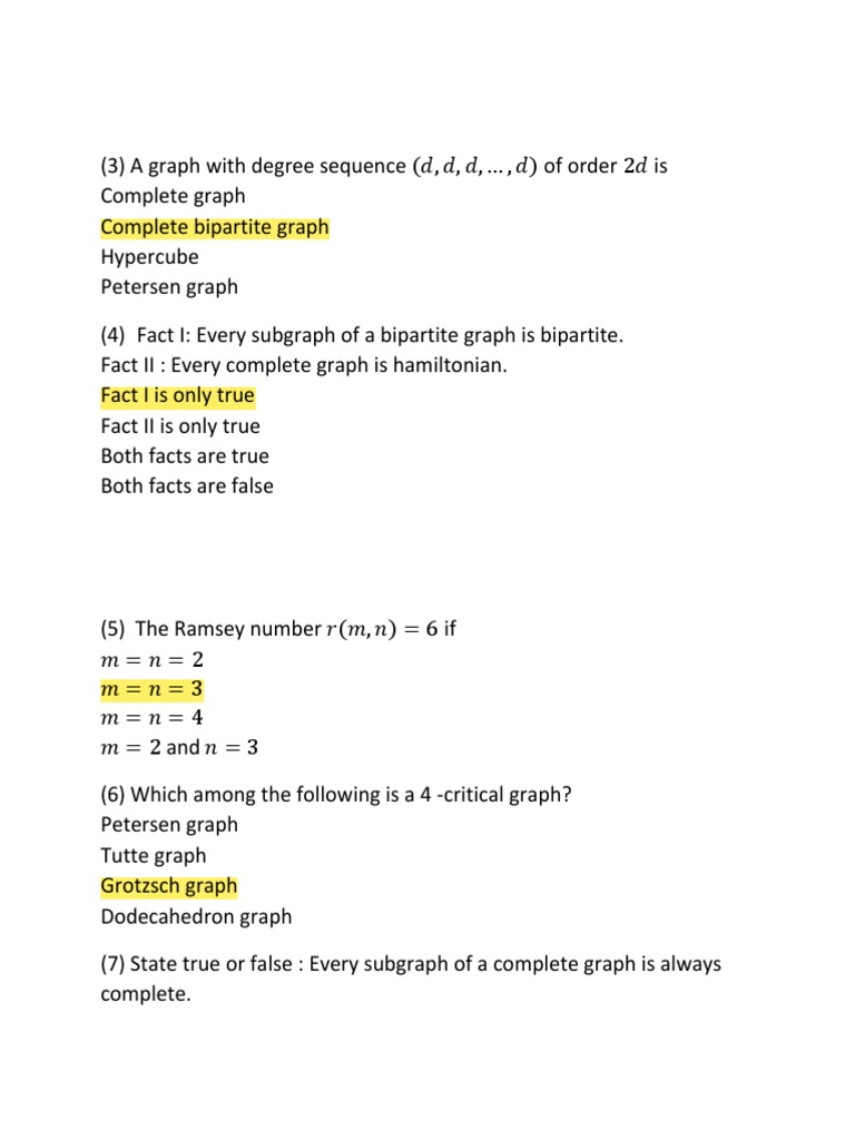Graph Theory Quiz Questions | PDF | Graph Theory | Combinatorics