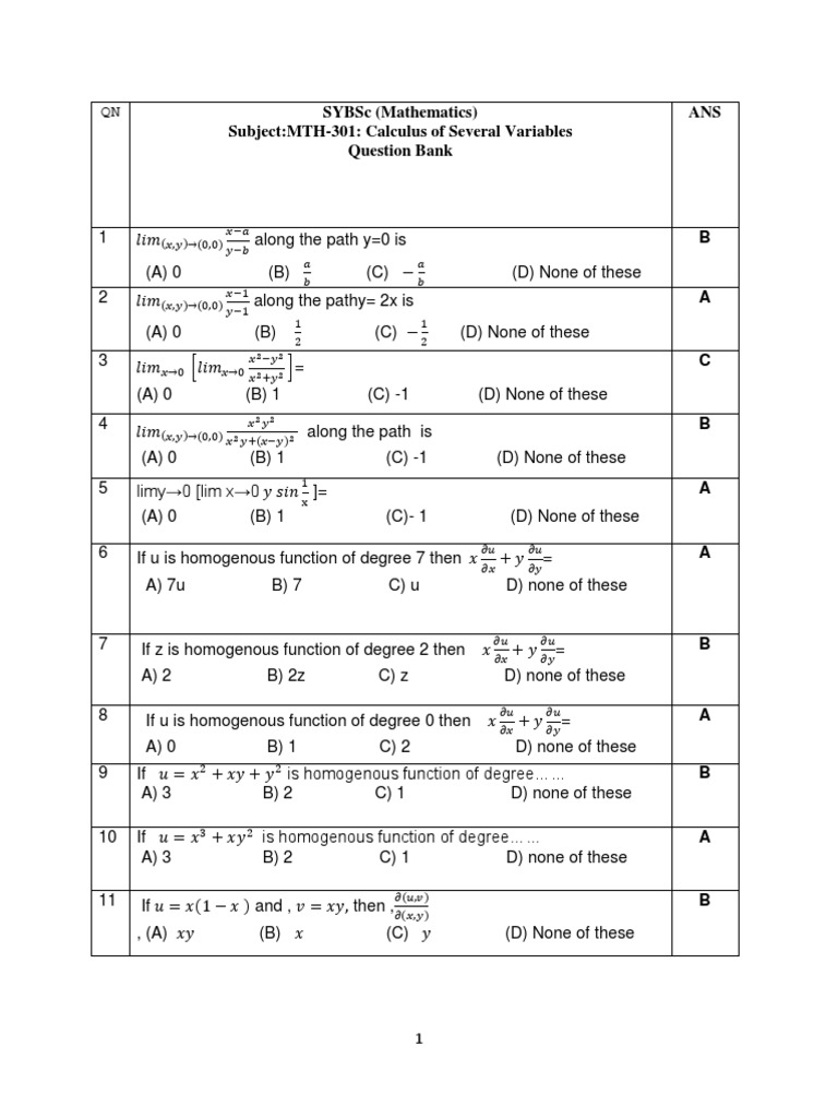 Sybsc (Mathematics) Subject:Mth-301: Calculus of Several Variables Question Bank Ans | PDF ...