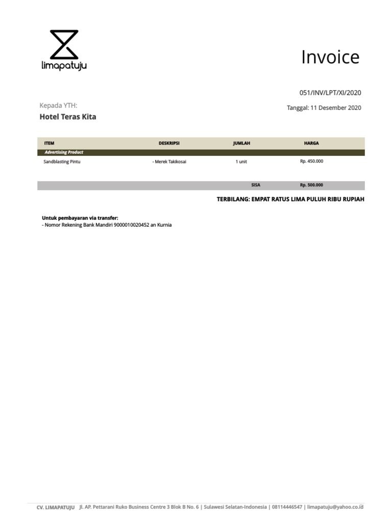 Invoice Hotel Teras Kita | PDF
