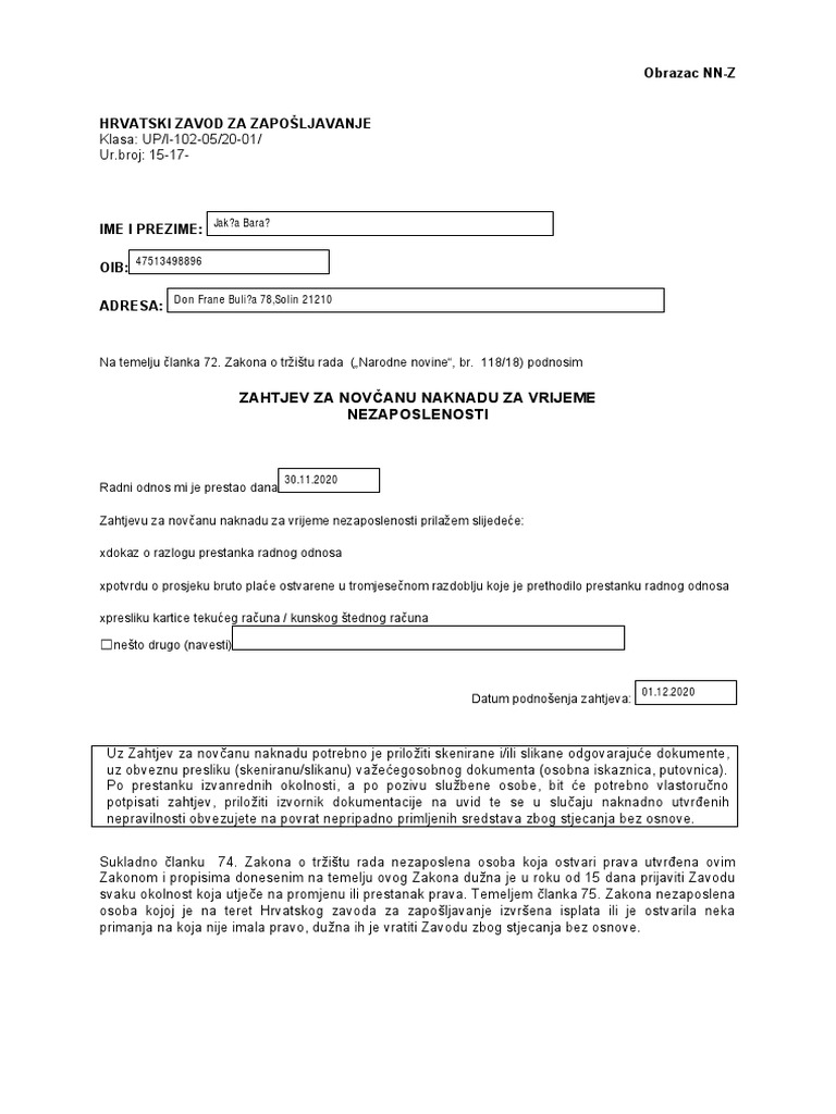 HZZ Obrazac Novcana Naknada - 2020 | PDF