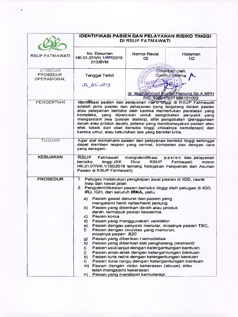 SPO Identifikasi Pasien Dan Pelayanan Risiko Tinggi Di RSF | PDF | Sains & Matematika