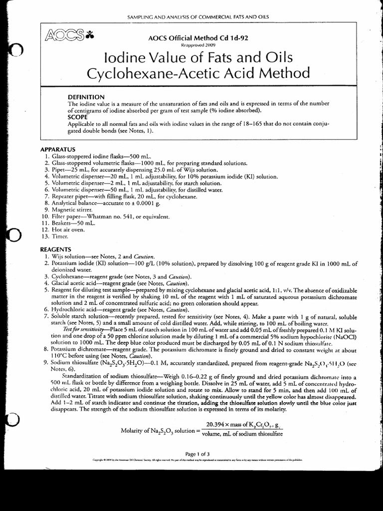 AOCS CD 1d-92, 2013 Iodine Value Siklohexan-Acetic Acid | PDF