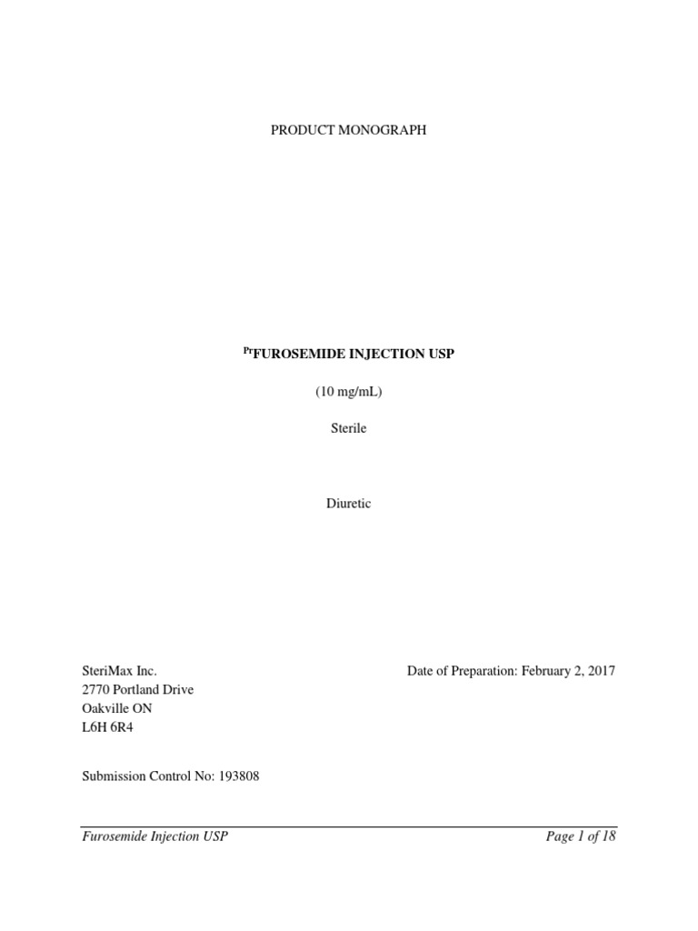 Product Monograph: Furosemide Injection Usp | PDF | Intravenous Therapy ...