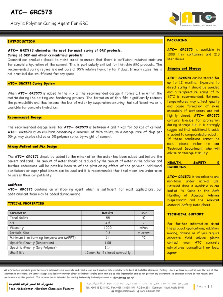 ATC - GRC573: Acrylic Polymer Curing Agent For GRC | PDF | Concrete ...