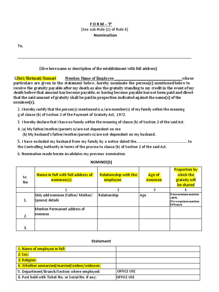 Sample Gratuity-Nomination-Form-F | PDF | Social Institutions | Social ...