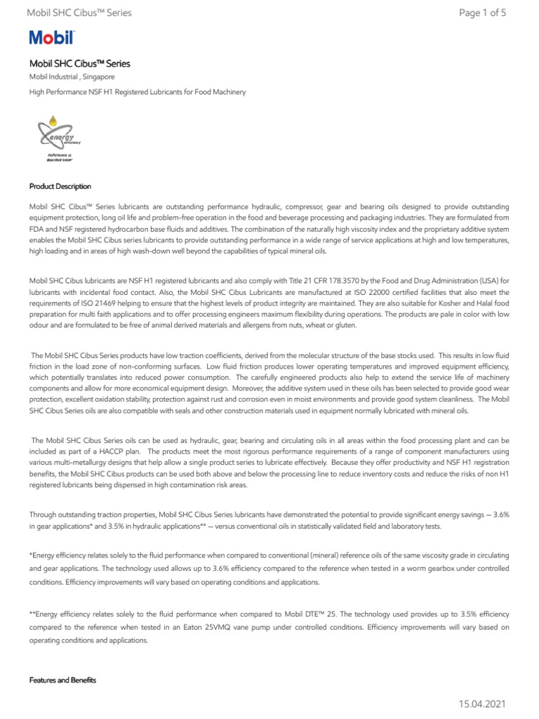 GL XX Mobil SHC Cibus Series | PDF | Exxon Mobil | Lubricant