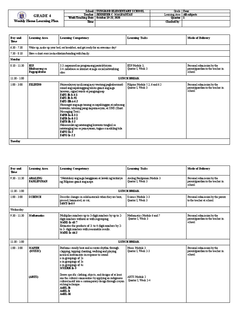 Grade 4: Weekly Home Learning Plan | PDF