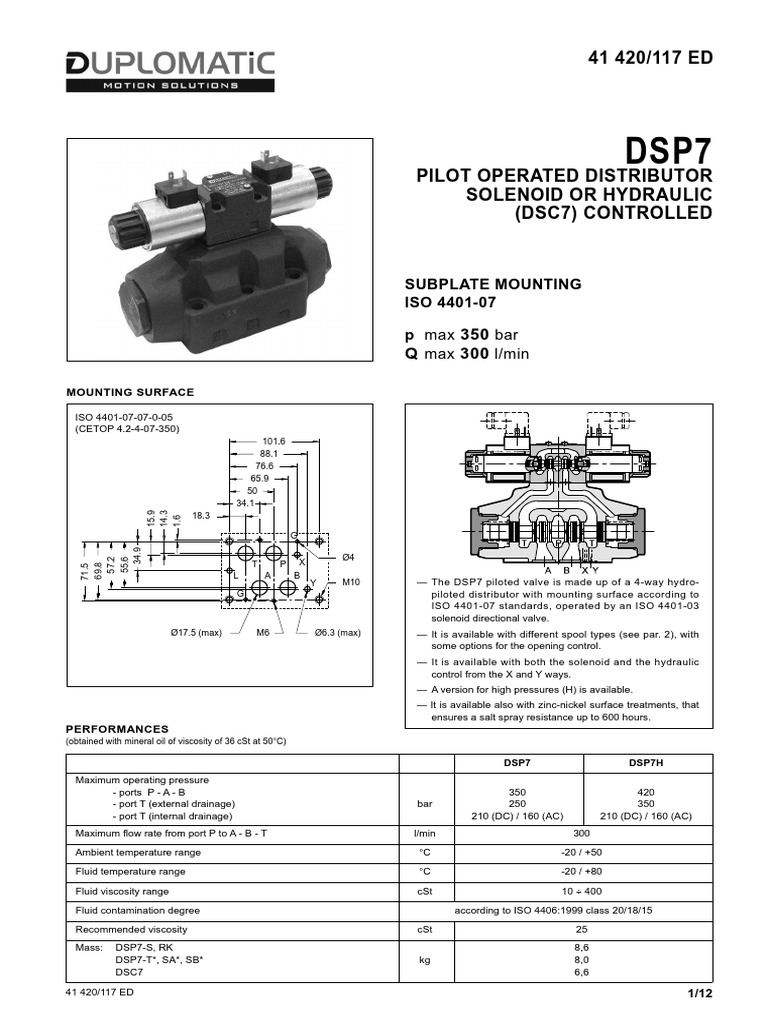Subplate Mounting ISO 4401-07 P Max: Bar Max L/min | PDF | Inductor | Valve